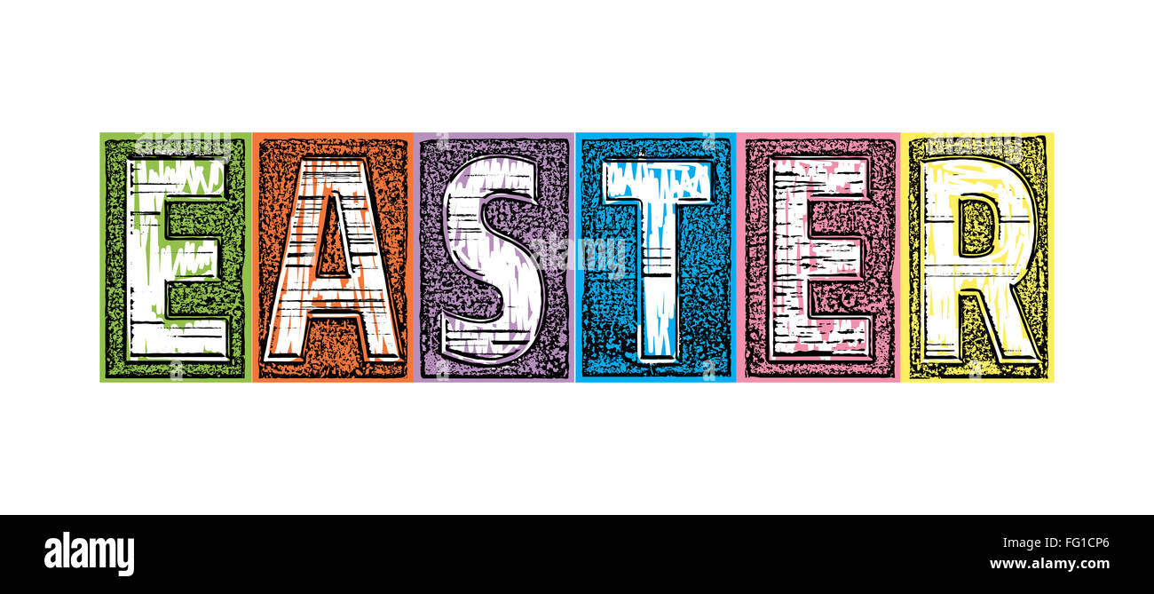 An illustration of vintage woodcut blocks spelling the word EASTER ...