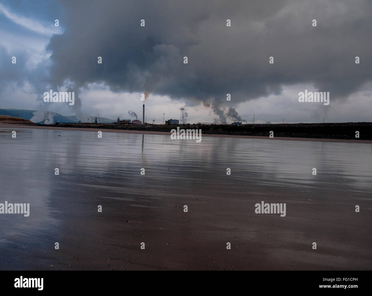 Port Talbot Steelworks in winter gloom from the beach at Aberavon ...