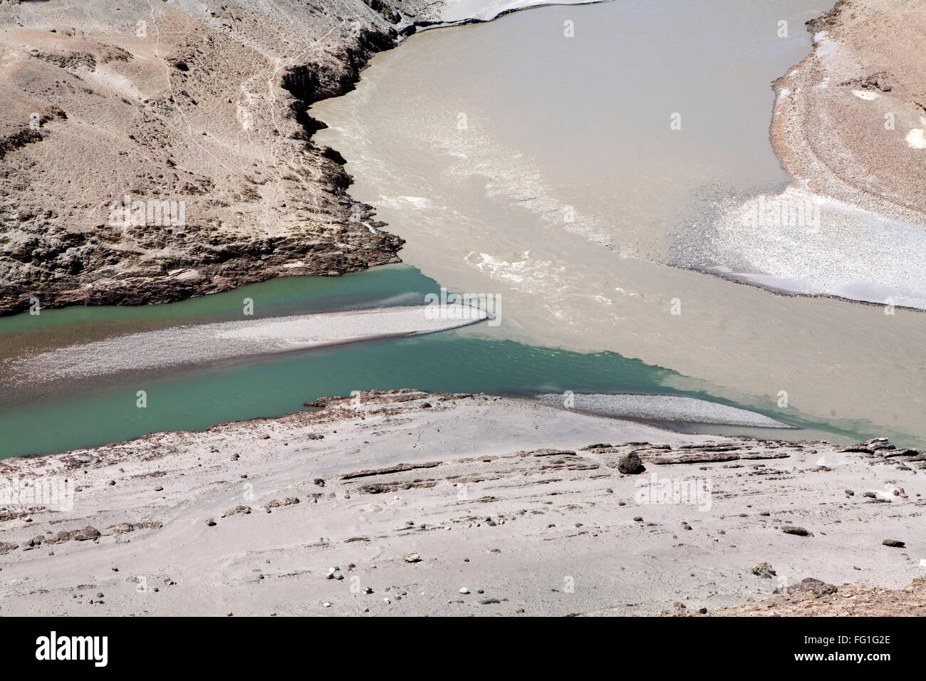 Confluence of green water of Indus river and muddy brown water of ...
