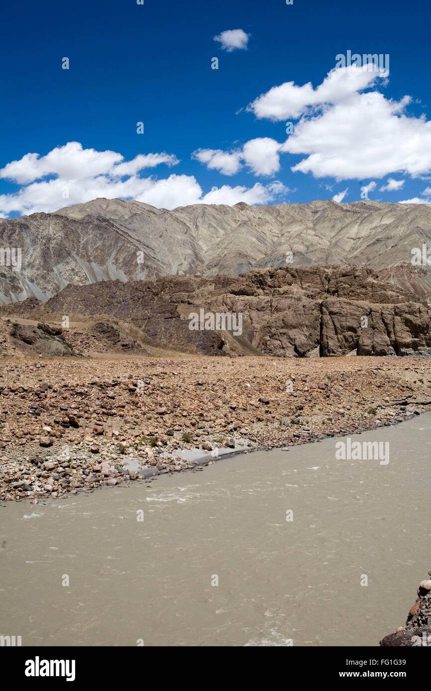 Muddy water of river Indus flowing in barren cold desert landscape of ...