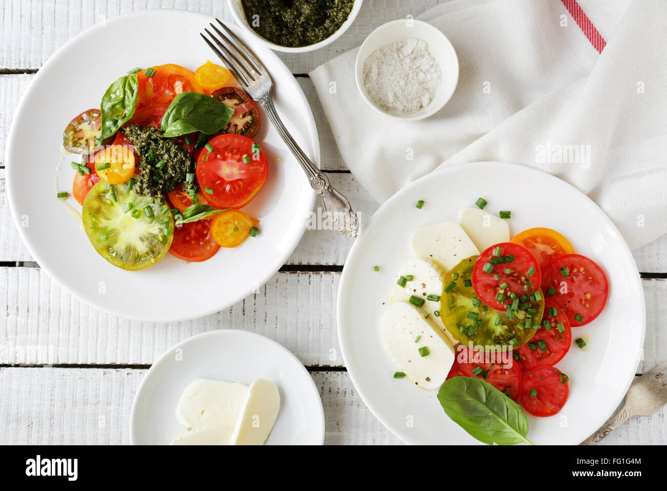 italian caprese salad and tomato on plate, food top view Stock Photo ...