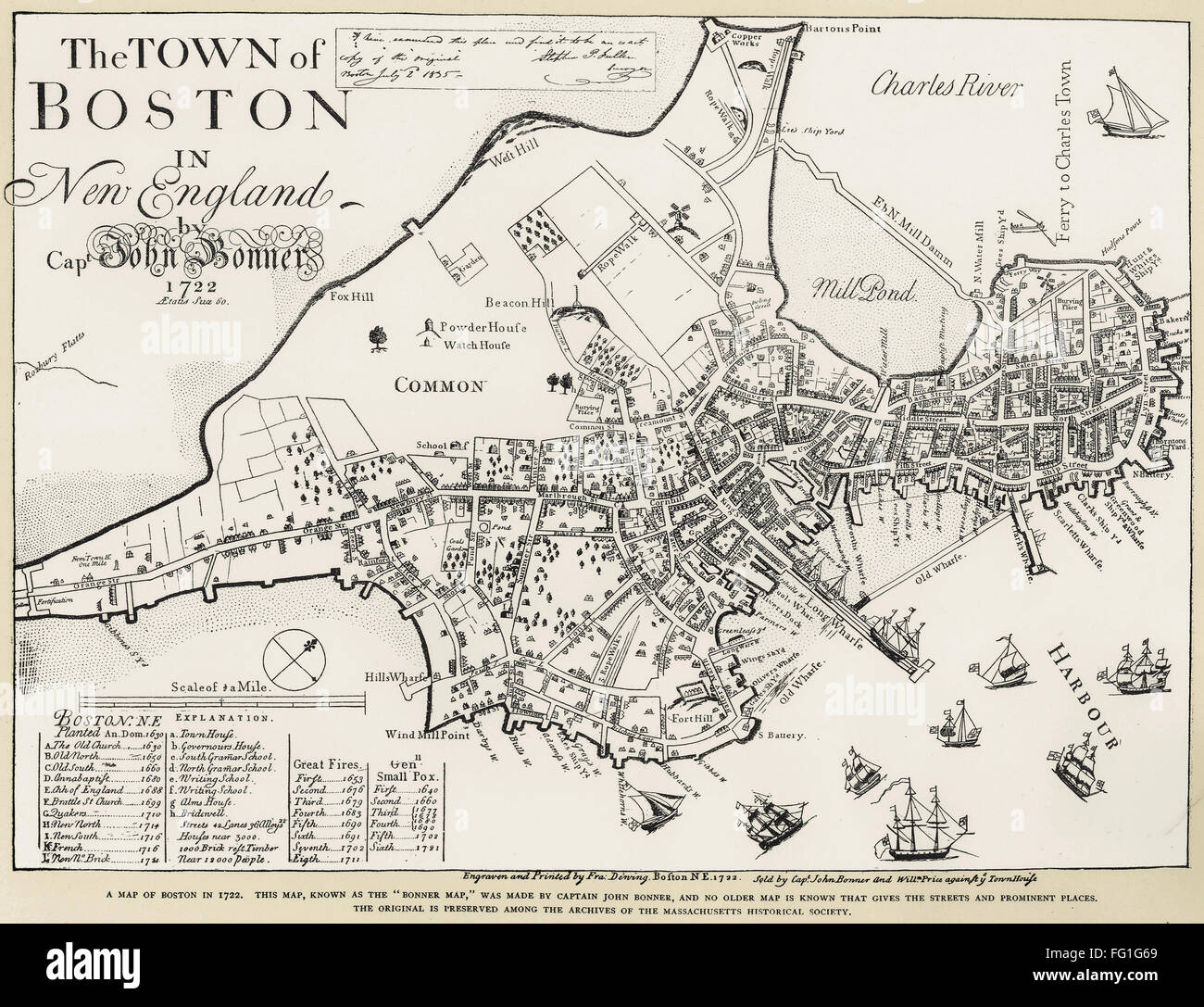 BOSTON MAP, 1722. /nEngraved facsimile by George G. Smith, 1835, of a ...
