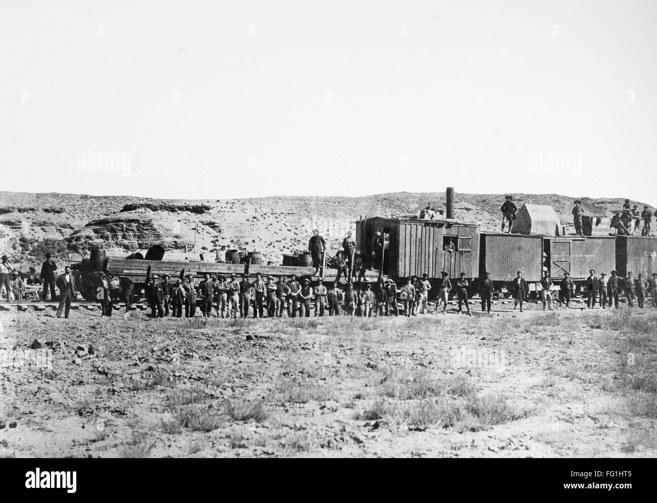UNION PACIFIC RAILROAD, 1868. /nA construction train on the Union ...