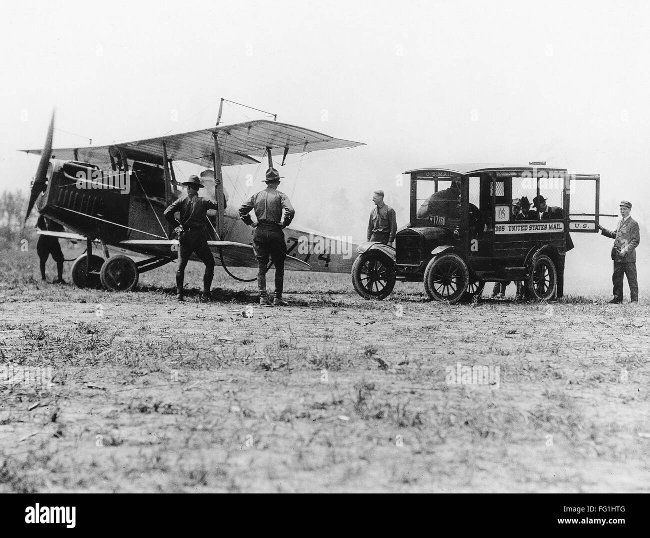 U.S. AIR MAIL, c1918. /nA United States Mail car delivering mail to an ...
