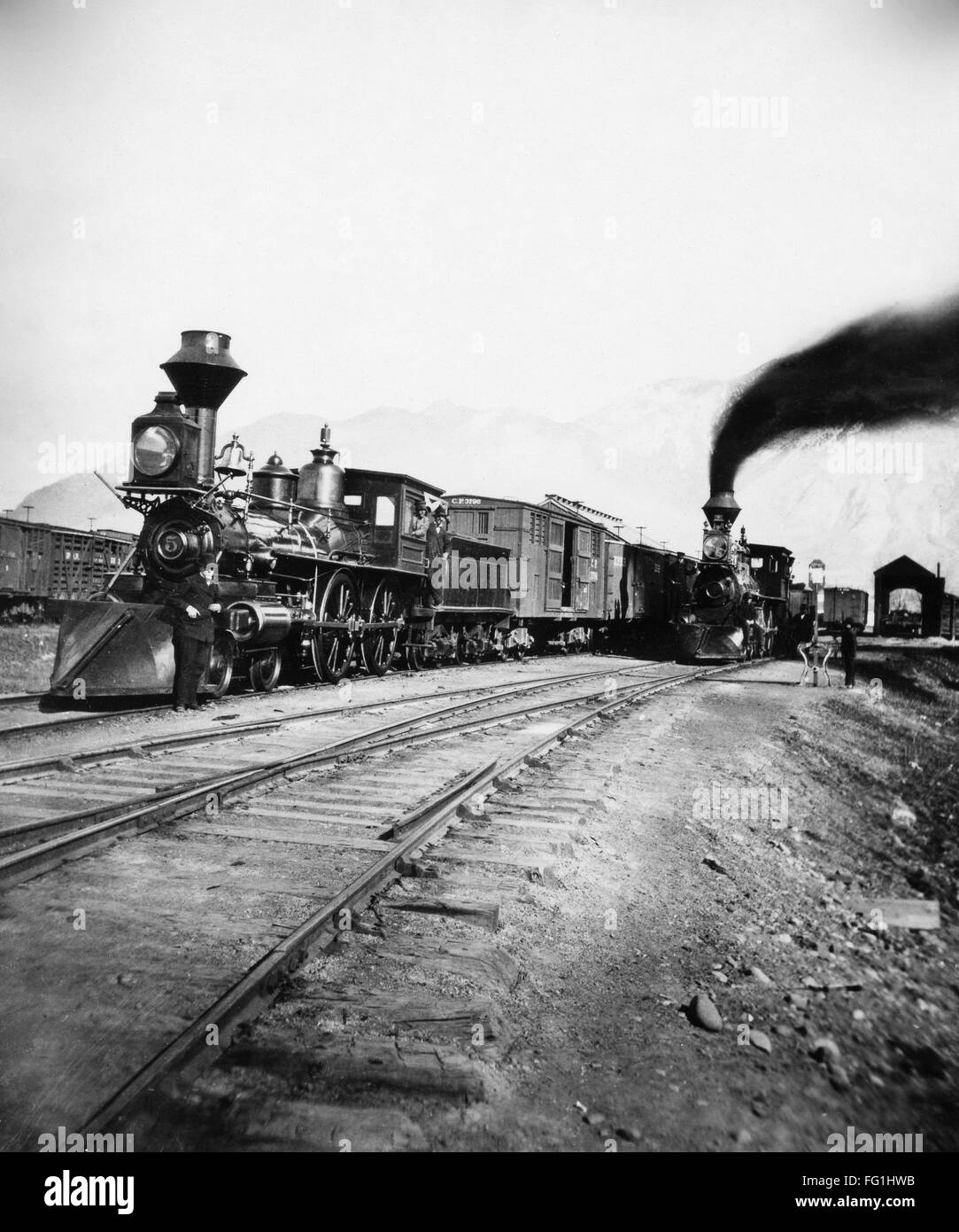 STEAM LOCOMOTIVES. /nSteam locomotives at a depot. Photograph, mid to ...