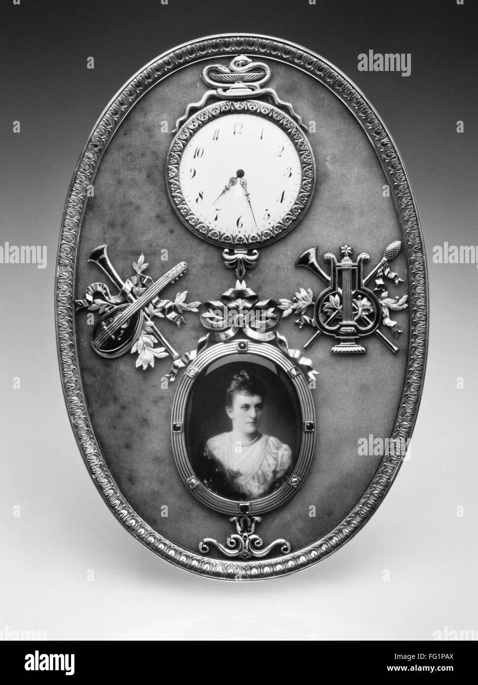 FABERGE CLOCK, c1891. /nFaberge clock and frame, with aventurine quartz ...