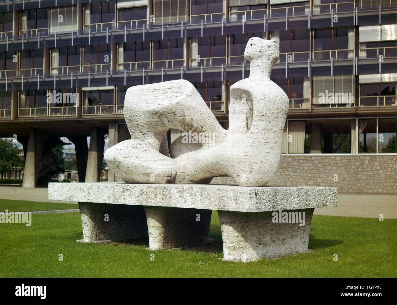 MOORE: RECLINING FIGURE. /nSculpture by Henry Moore outside the UNESCO ...