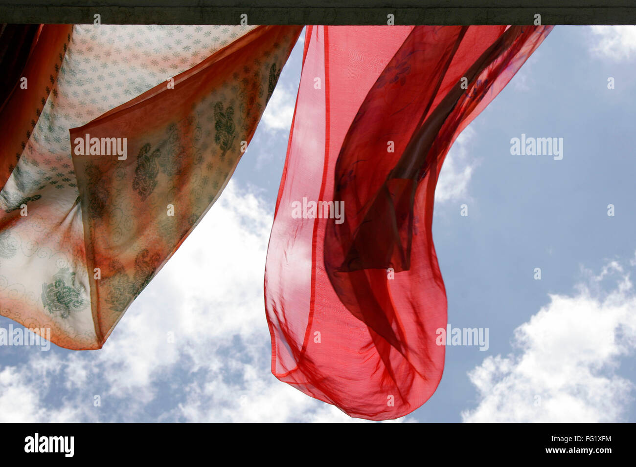 Indian traditional ladies wear saris flying in air against white clouds ...