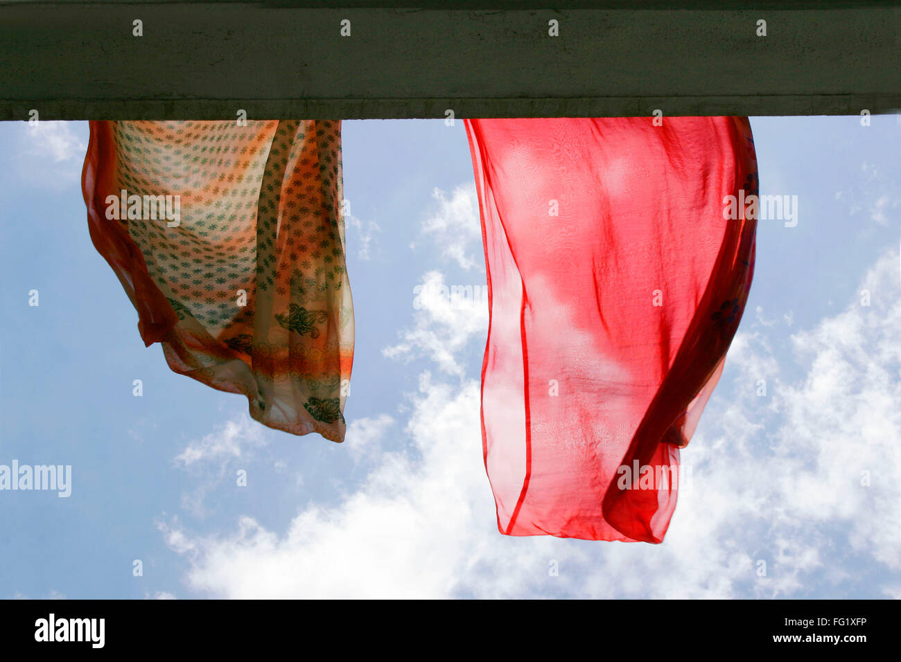 Indian traditional ladies wear saris flying in air against white clouds ...