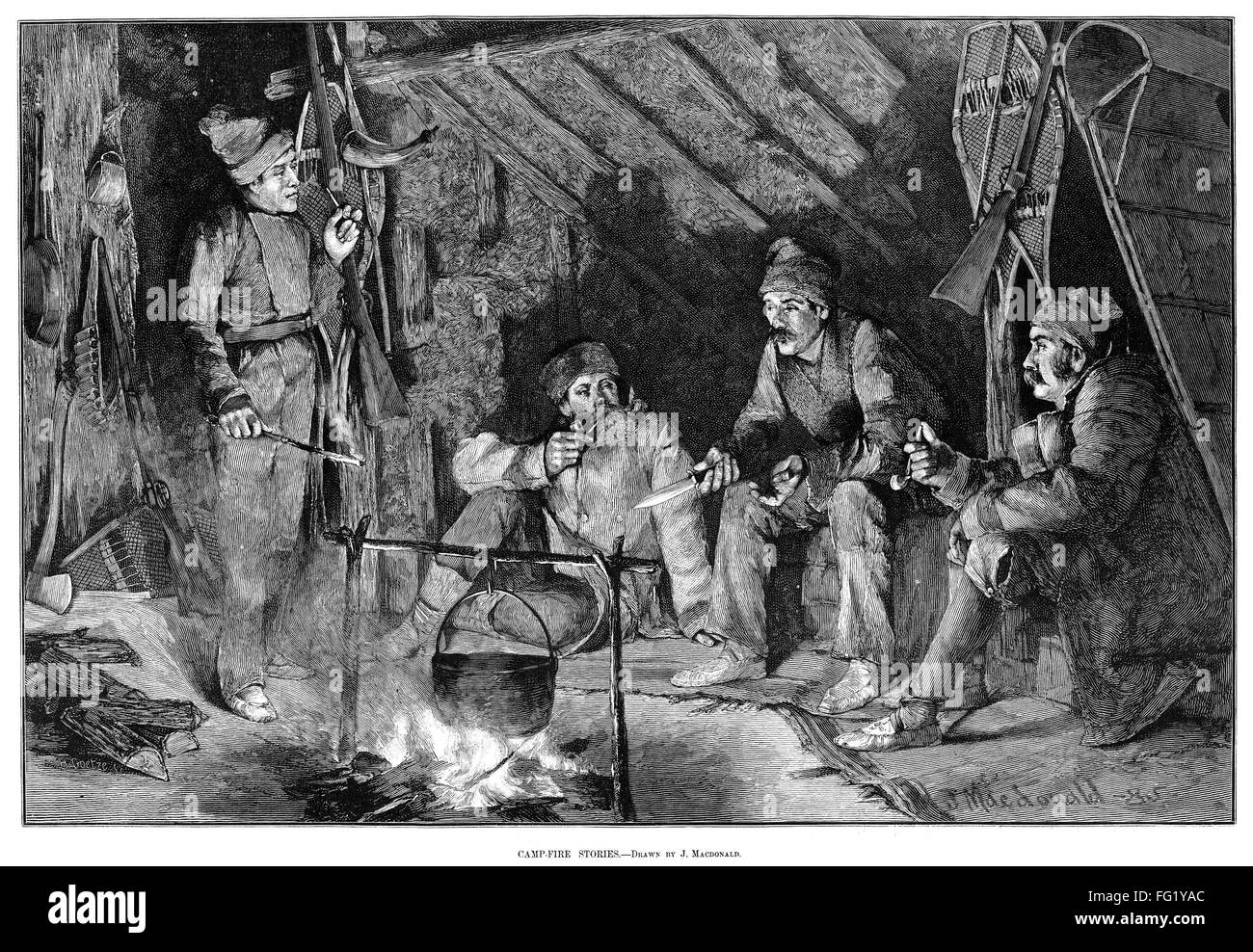 AMERICAN HUNTERS, 1885. /nHunters telling stories around a campfire ...
