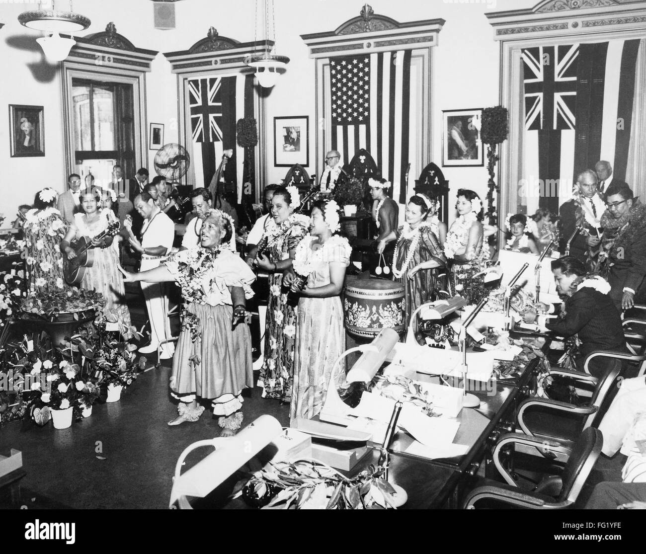 HAWAII STATEHOOD, 1959. /nA Hawaiian woman in a long skirt and bloomers ...