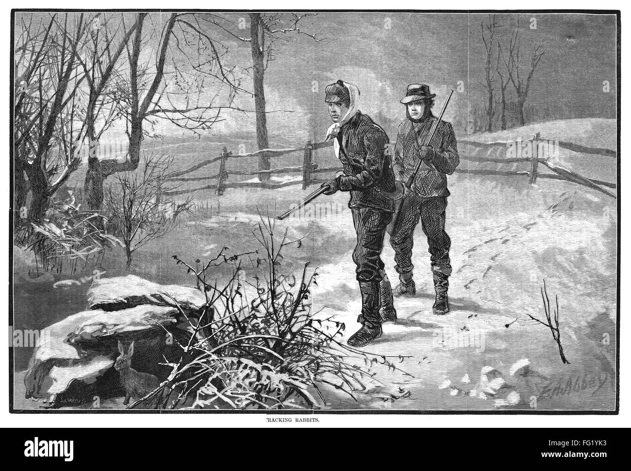 RABBIT HUNTING, 1873. /n'Tracking Rabbits.' Wood engraving, American ...