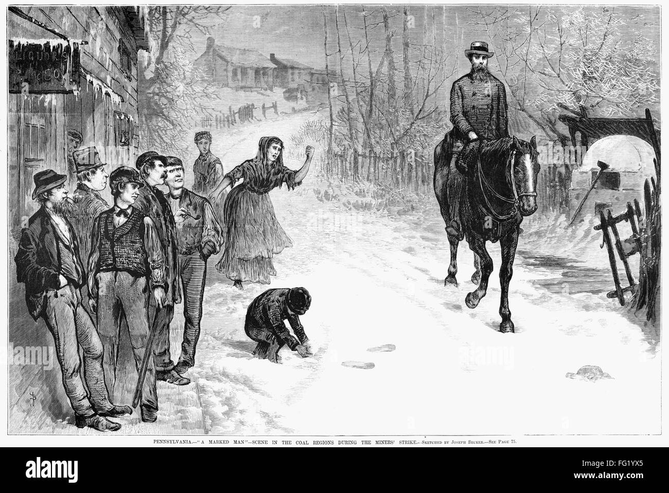 MINER STRIKE, 1875. /nA 'marked man' is scolded while passing a group ...