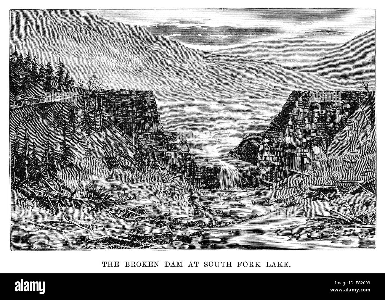 JOHNSTOWN FLOOD, 1889. /n'The broken dam at South Fork Lake.' Engraving ...