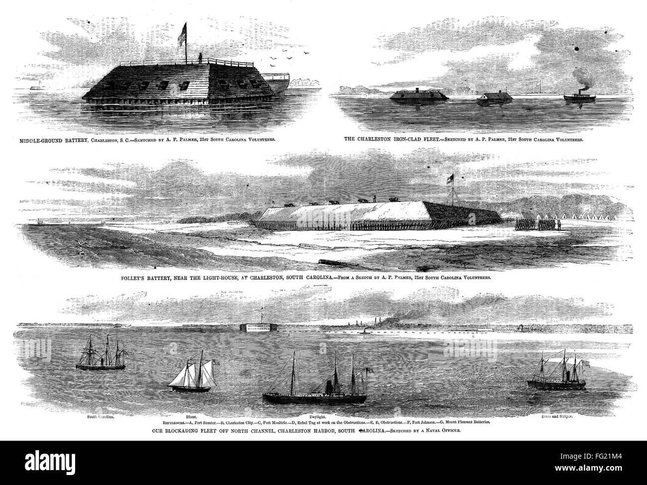 CHARLESTON HARBOR, 1863. /n'Our blockading fleet off North Channel ...