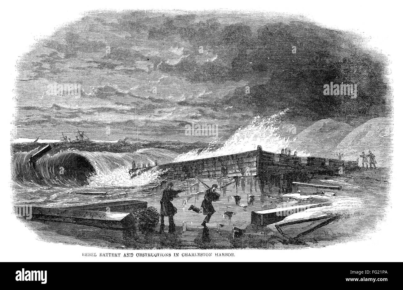 CHARLESTON, 1864. /n'Rebel battery and obstruction in Charleston Harbor ...