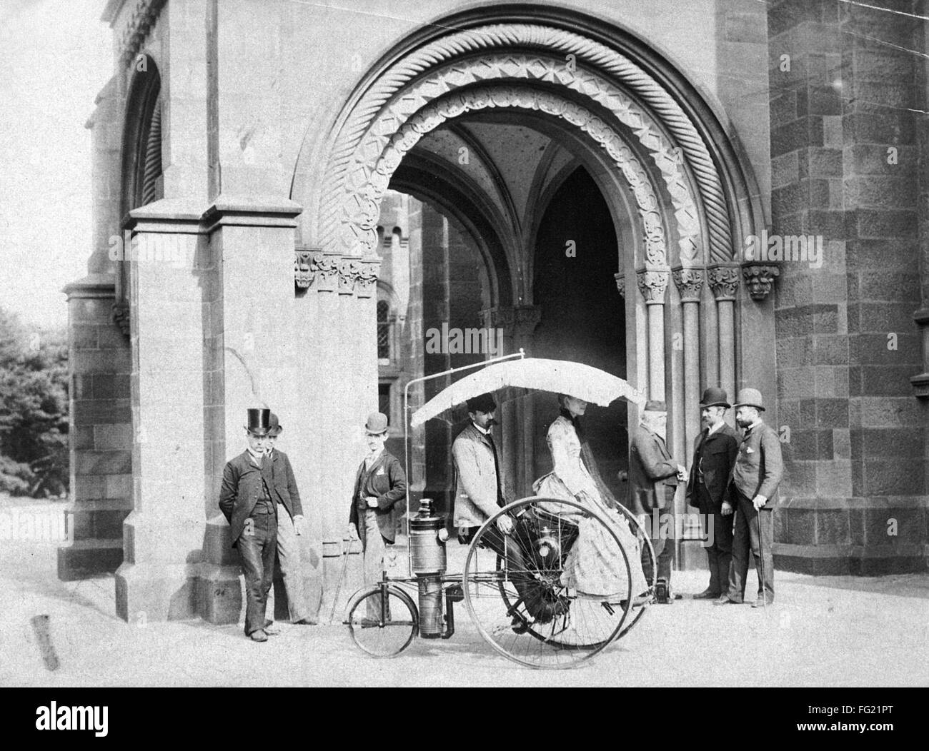 STEAM TRICYCLE, 1888. /nInventor Lucius D. Copeland demonstrating his ...