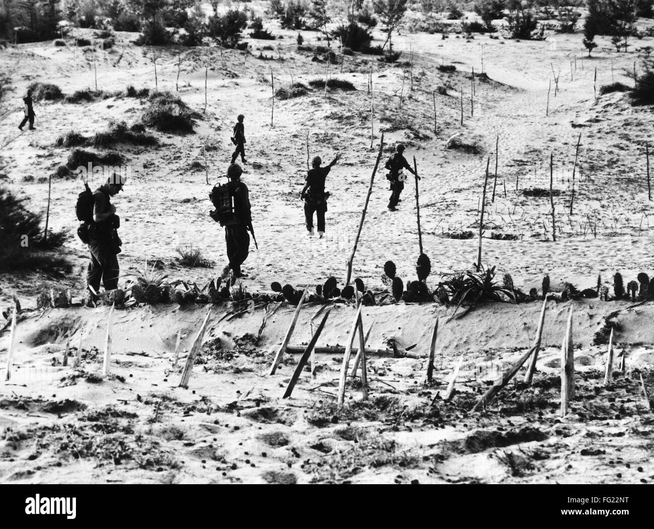 VIETNAM WAR: BEACH, 1965. /nU.S. Marines advancing inland through a ...
