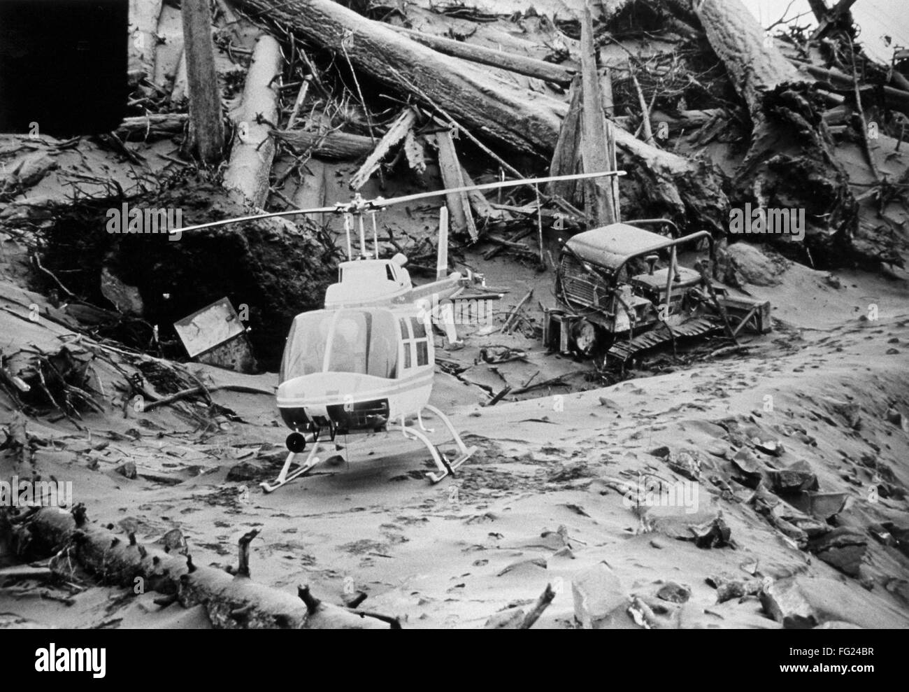 MOUNT ST. HELENS, 1980. /nA U.S. Geological Survey helicopter surveying ...