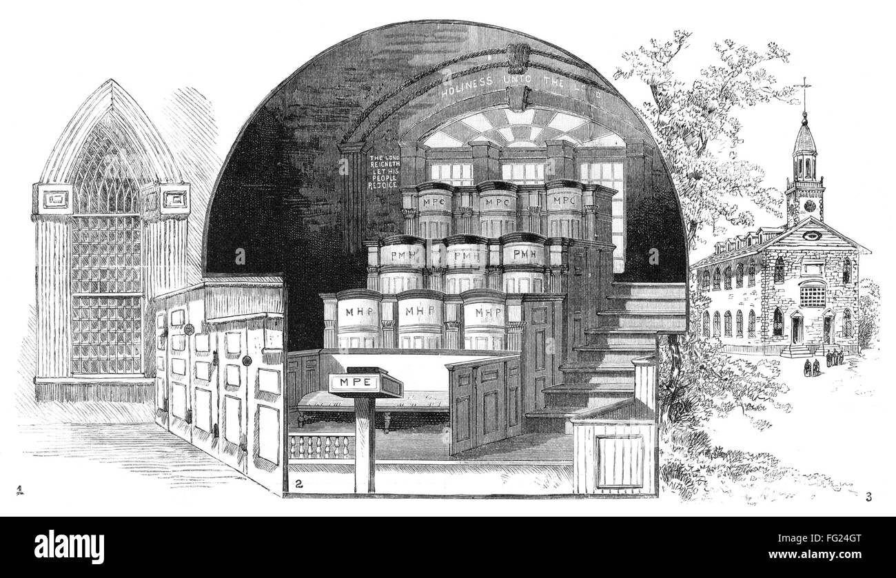 MORMON TEMPLE, 1887. /nA view of the Melchisedec pulpits in the Mormon ...