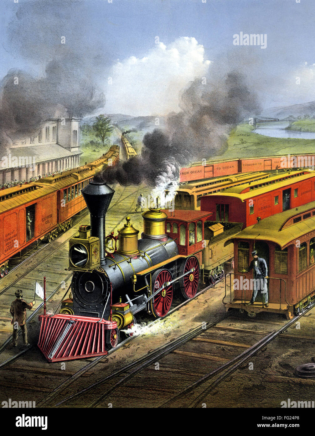 RAILROAD, 1874. /n'American railroad scene: Lightning Express trains ...