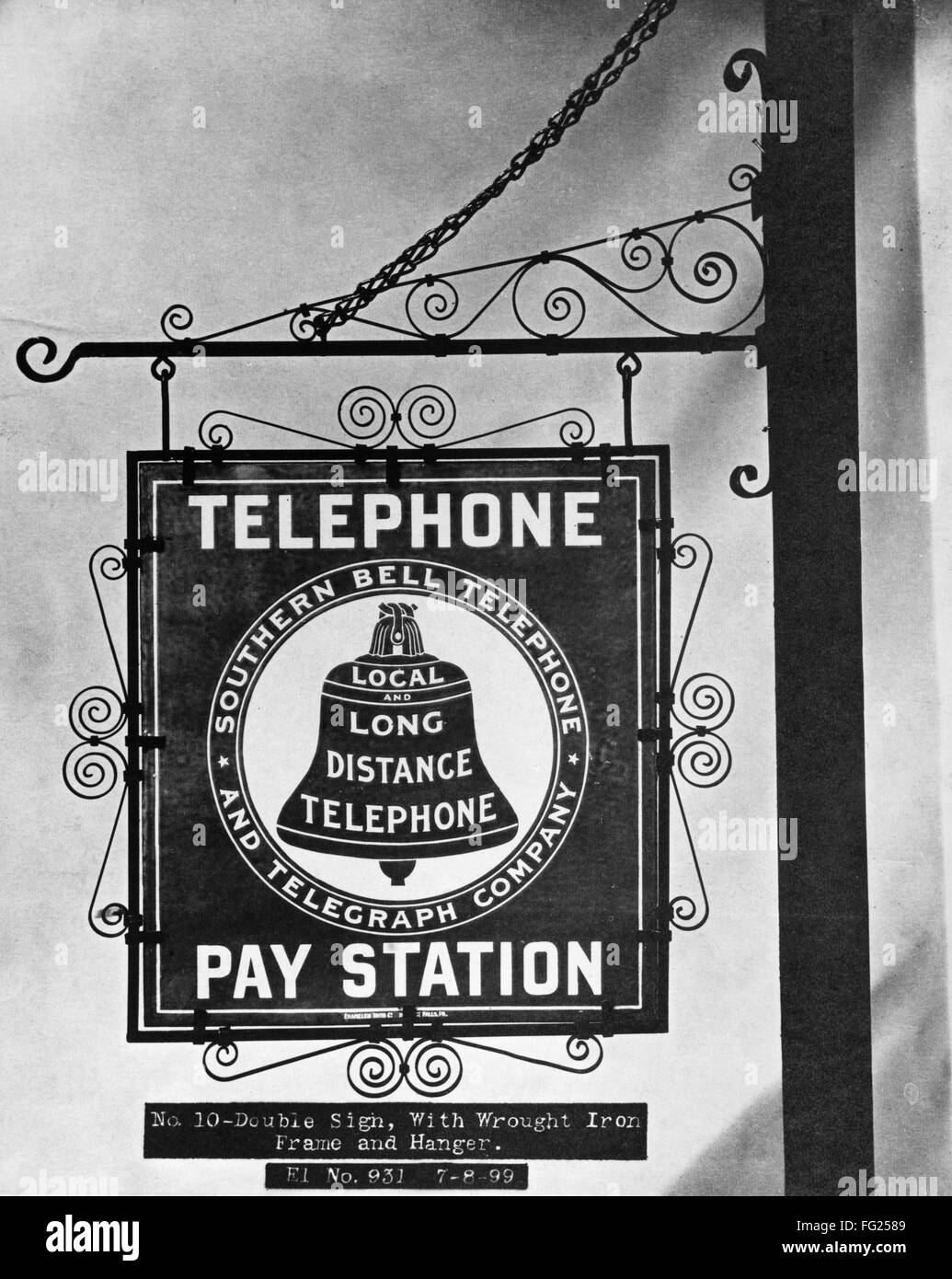 BELL TELEPHONE SIGN, c1899. /nBell pay phone sign with wrought iron ...