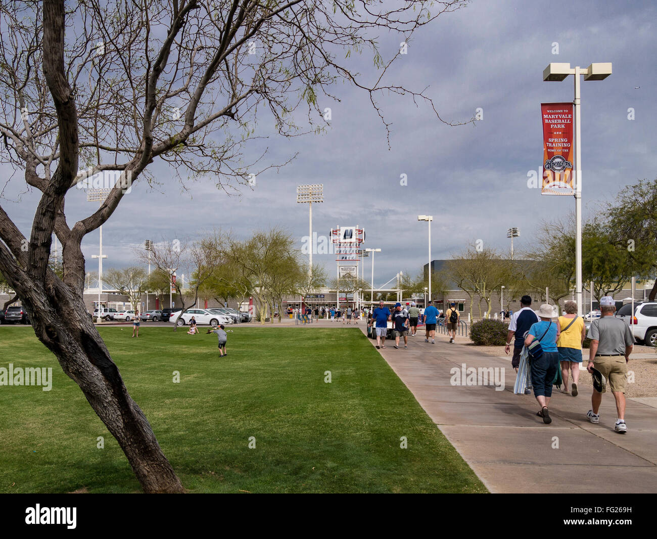 Fans walk to stadium entrance, spring training baseball, Maryvale ...