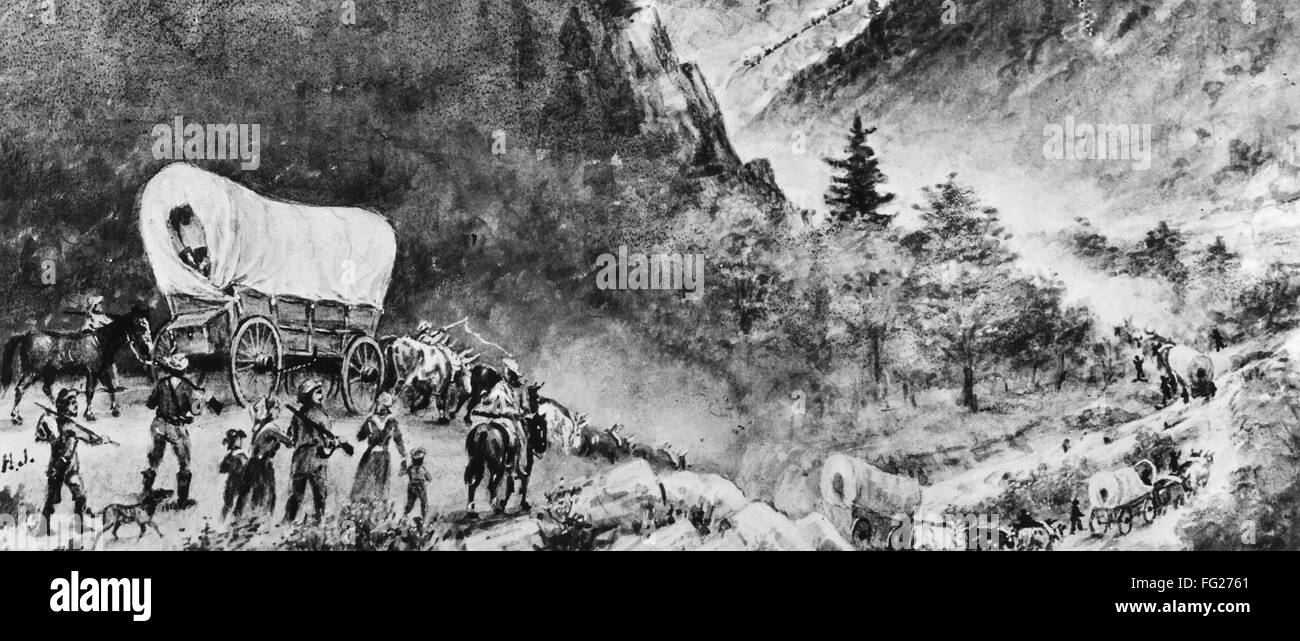 OREGON TRAIL: EMIGRANTS. /nAn emigrant wagon train on the Oregon Trail ...