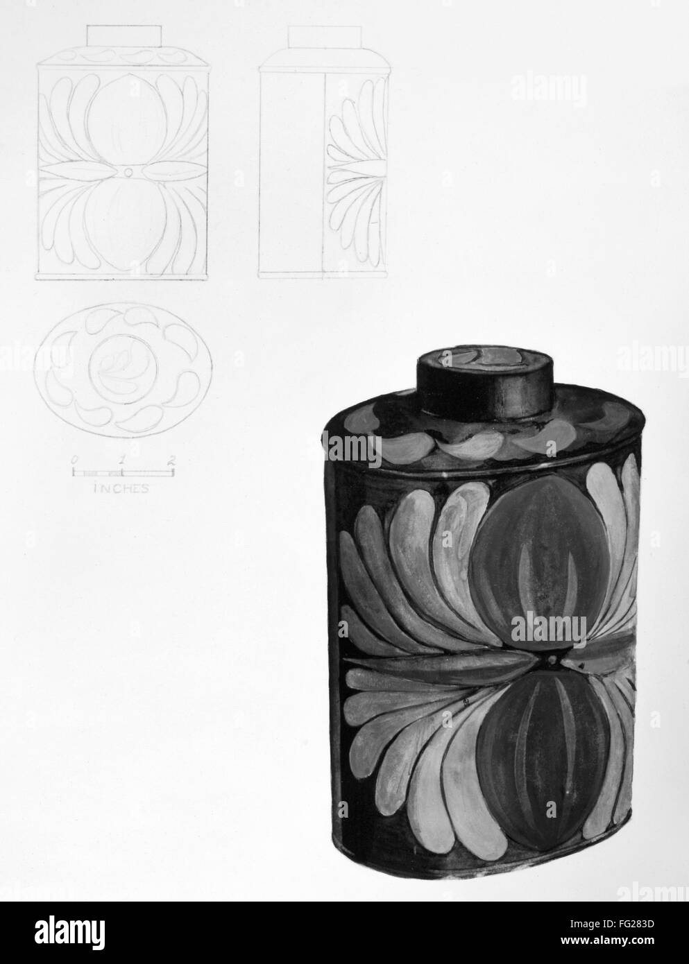 TOLEWARE TEA CADDY, c1938. /nAmerican toleware tea caddy. Drawing ...