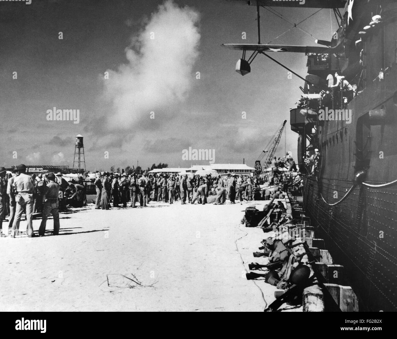 WWII: USS PENSACOLA, 1942. /nAmerican Marines disembarking from the USS ...