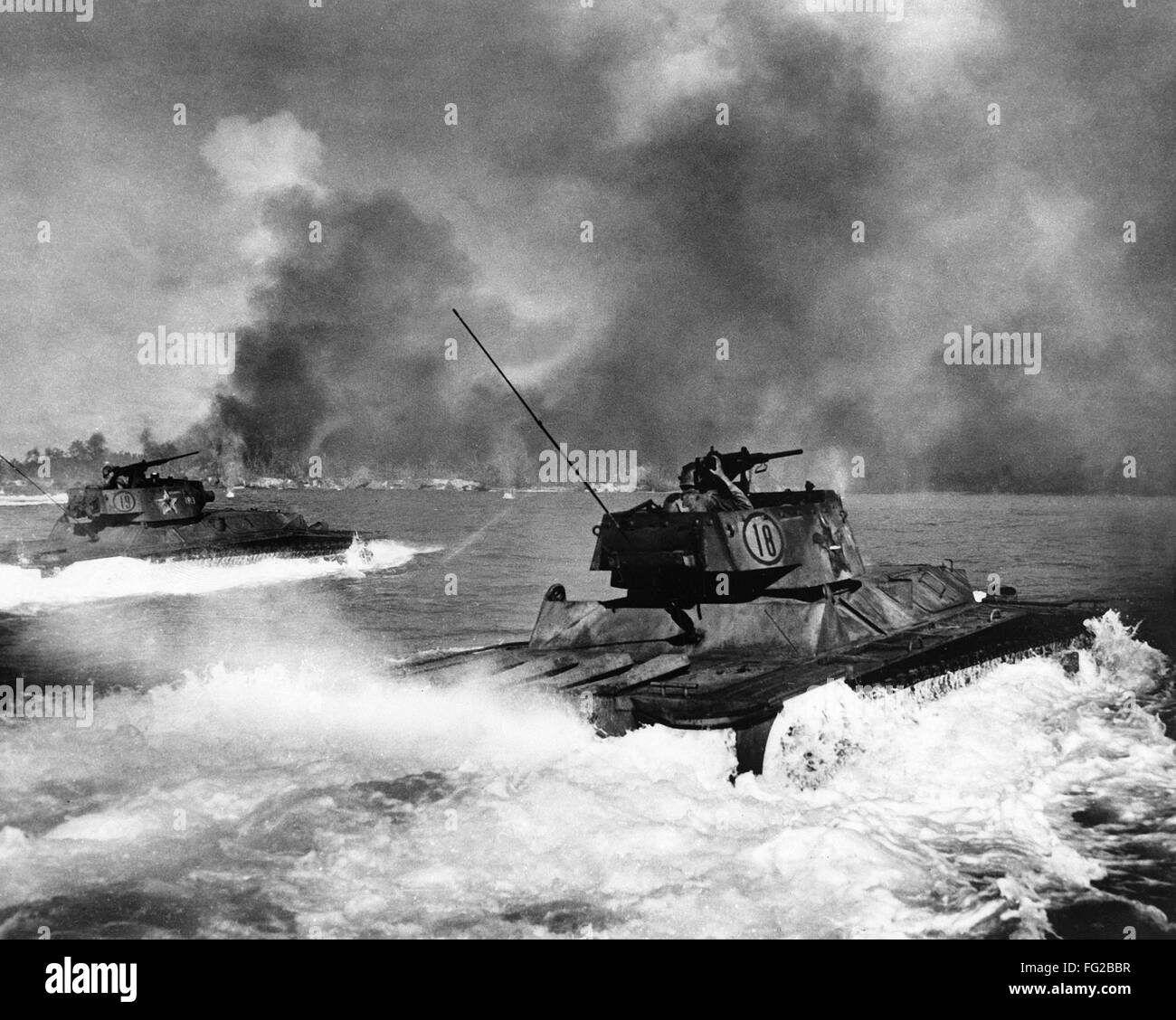 WWII: ANGAUR, c1944. /nAmphibious tanks en route to the island of ...