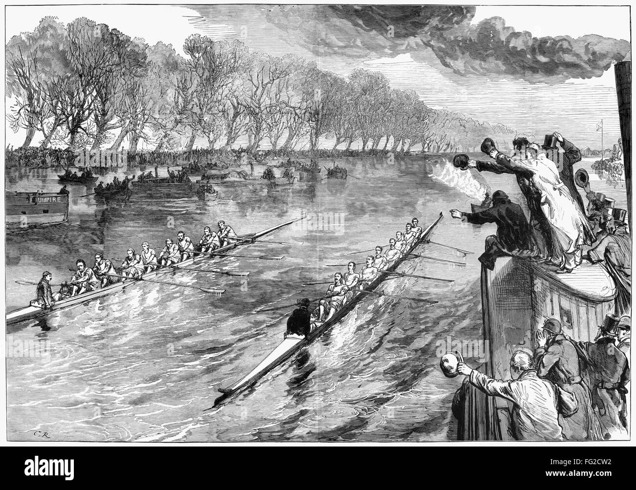 BOAT RACE, 1877. /n'The university boat-race dead-heat: the finish ...