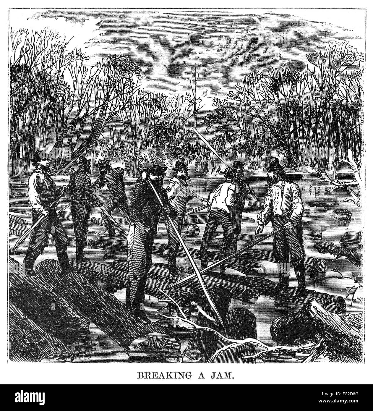MINNESOTA: LOGGING, 1870. /nLumberjacks clearing a log jam, on a river ...