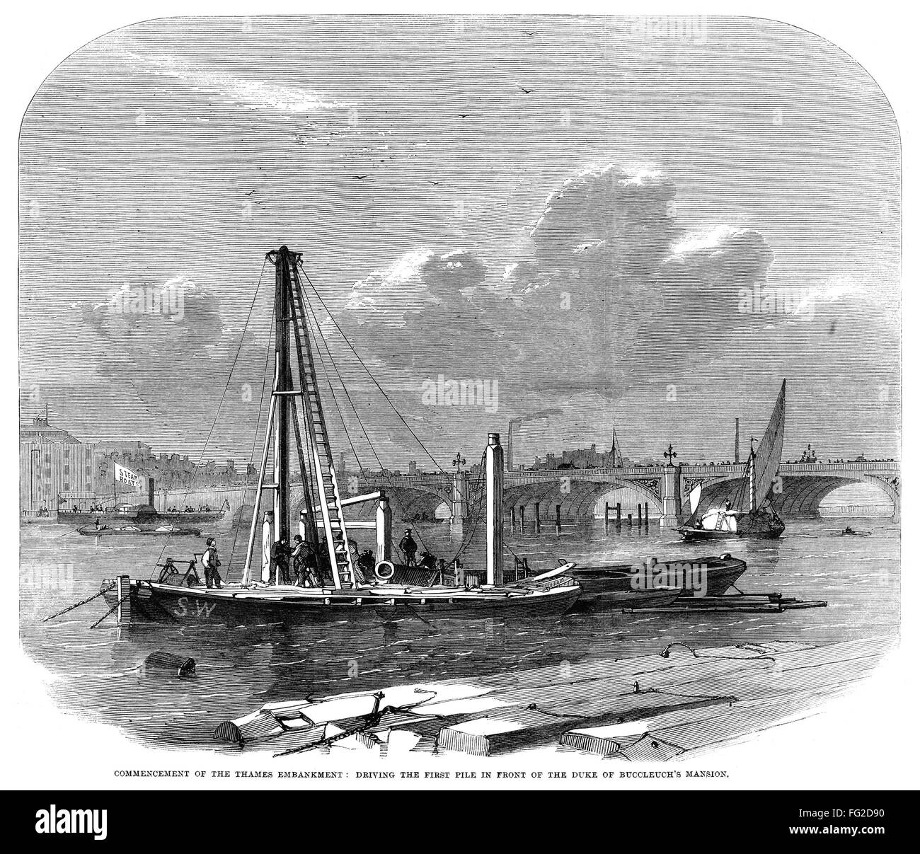 THAMES EMBANKMENT, 1862. /nDriving the first pile of the Thames River ...