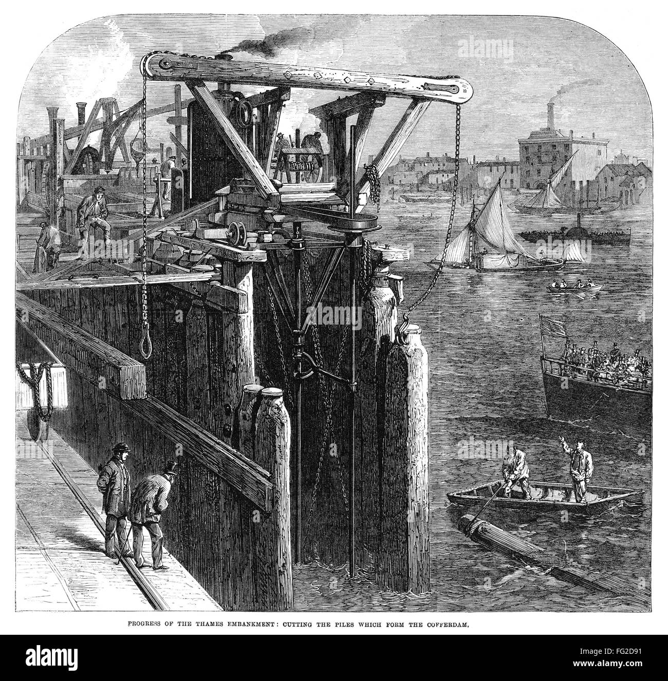 THAMES EMBANKMENT, 1866. /nWorkers cutting the piles which form the ...