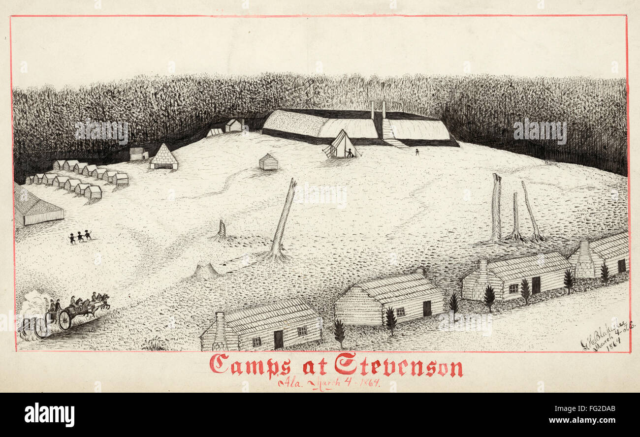 CIVIL WAR: CAMP, 1864. /nA Confederate camp at Stevenson, Alabama. Ink ...