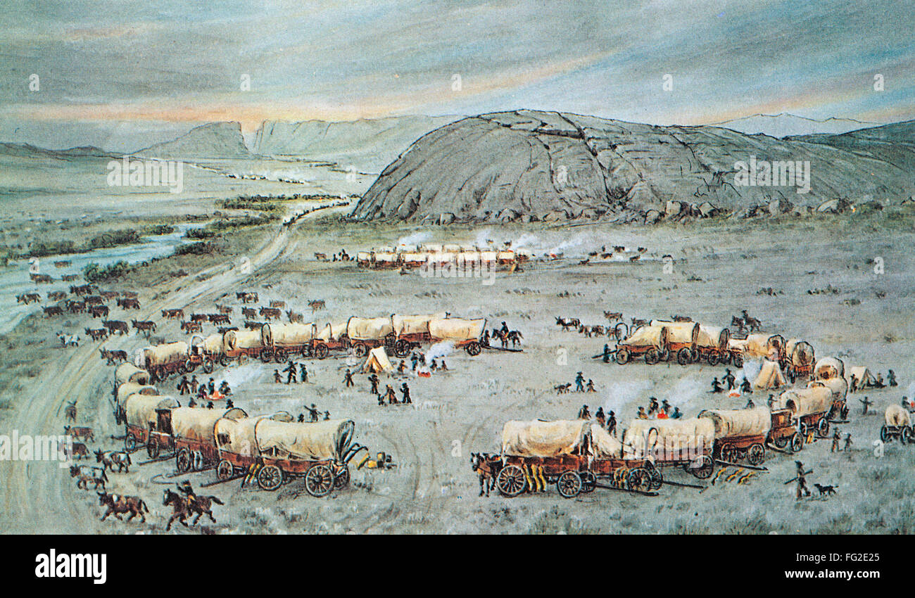 OREGON TRAIL: EMIGRANTS. /nAn emigrant wagon train on the Oregon Trail ...