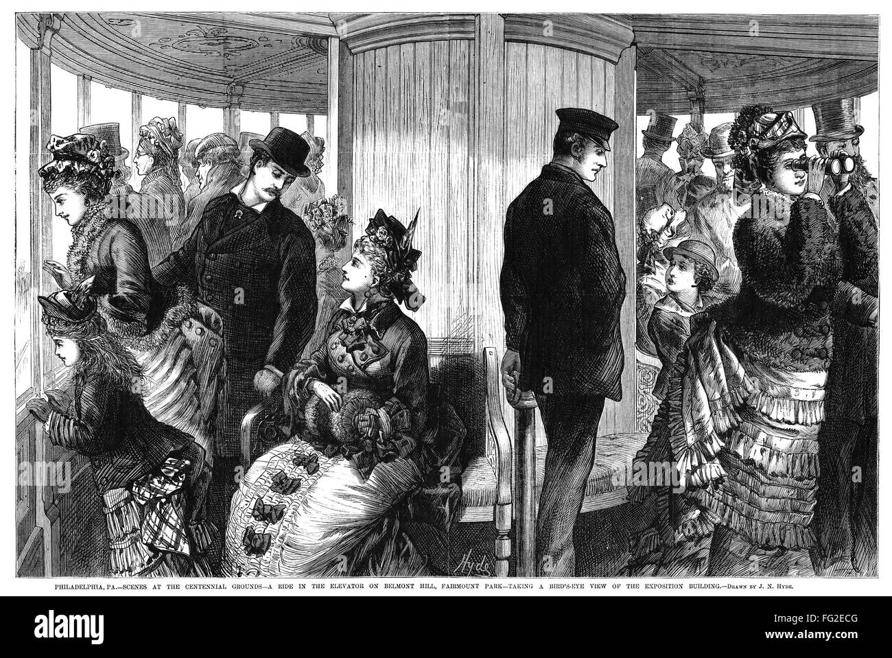 CENTENNIAL FAIR, 1876. /nSpectators riding the elevator on Belmont Hill ...