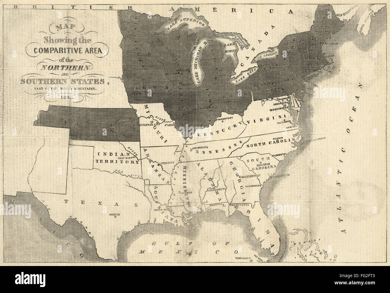 MAP: NORTH AND SOUTH, 1861. /n'Map showing the comparitive area of the ...
