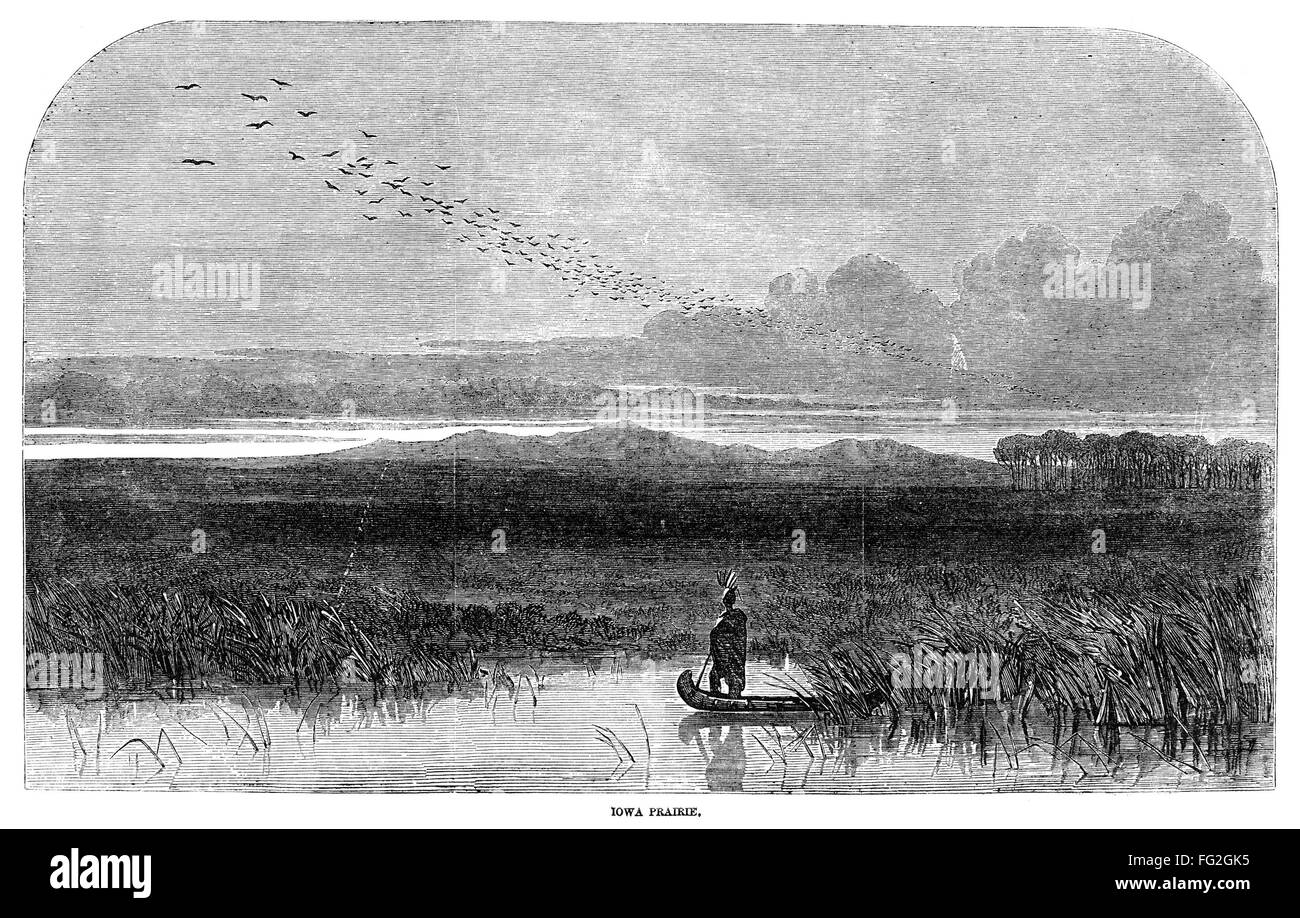 IOWA: PRAIRIE, 1858. /nA Native American in a canoe in Iowa. Wood ...
