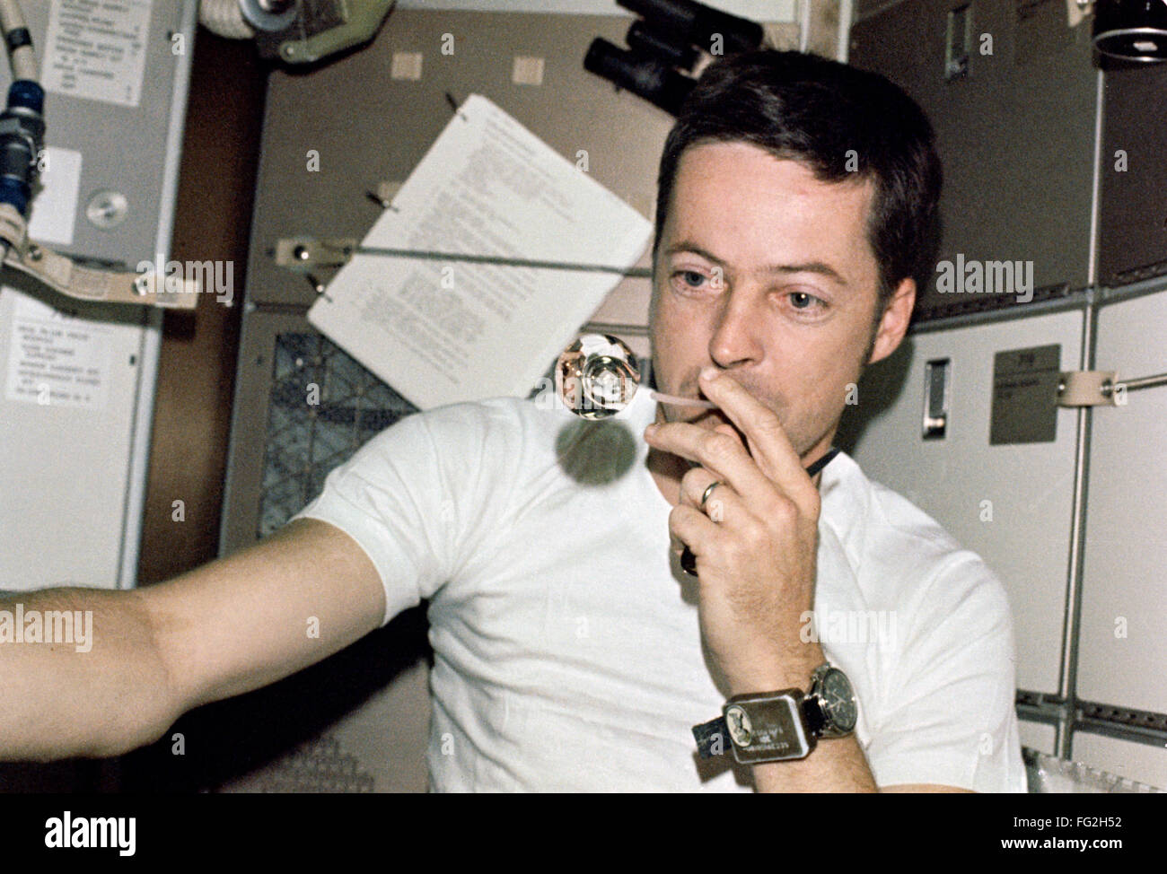 SPACE: SKYLAB 2, 1973. /nAmerican astronaut Joseph P. Kerwin blowing on ...