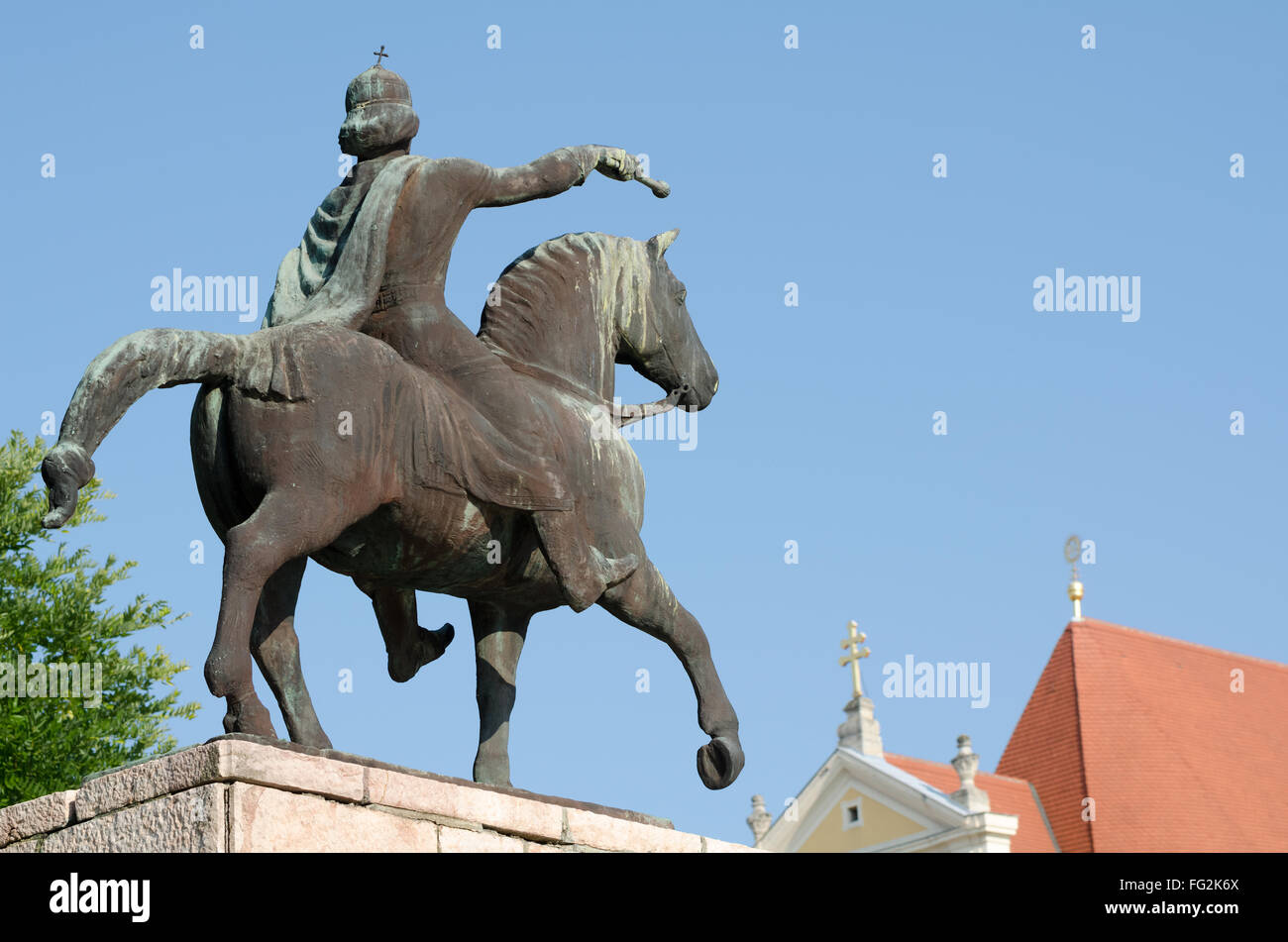 Equestrian Statue of St. Stephen in Gyor from Behind with Clear Blue ...