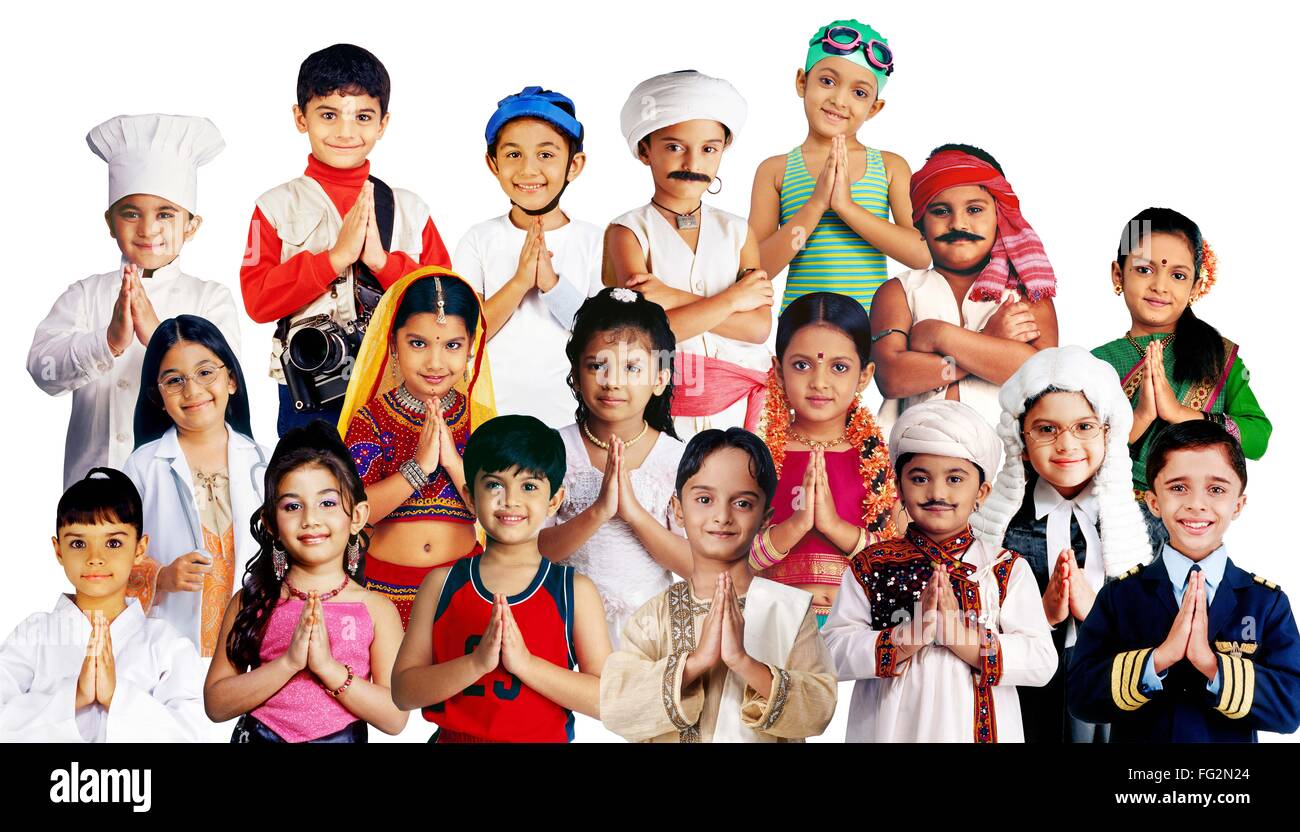 Children in fancy dress welcome posture MR Stock Photo - Alamy