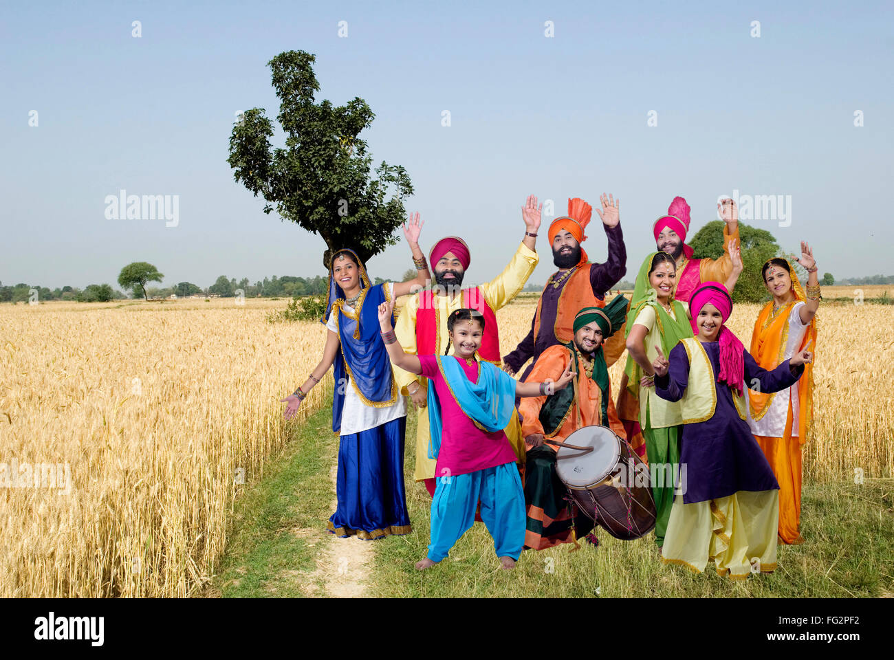 Sikh family with dancers performing folk dance bhangra in wheat field ...