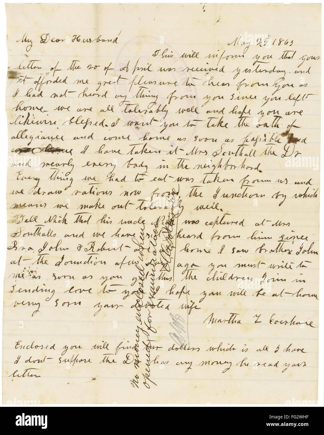 CIVIL WAR: LETTER, 1865. /nLetter from Martha Cockrone to her husband ...