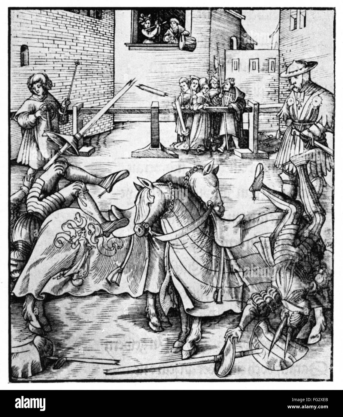 KNIGHTS: JOUST, 1517. /nTwo knights jousting. German woodcut ...