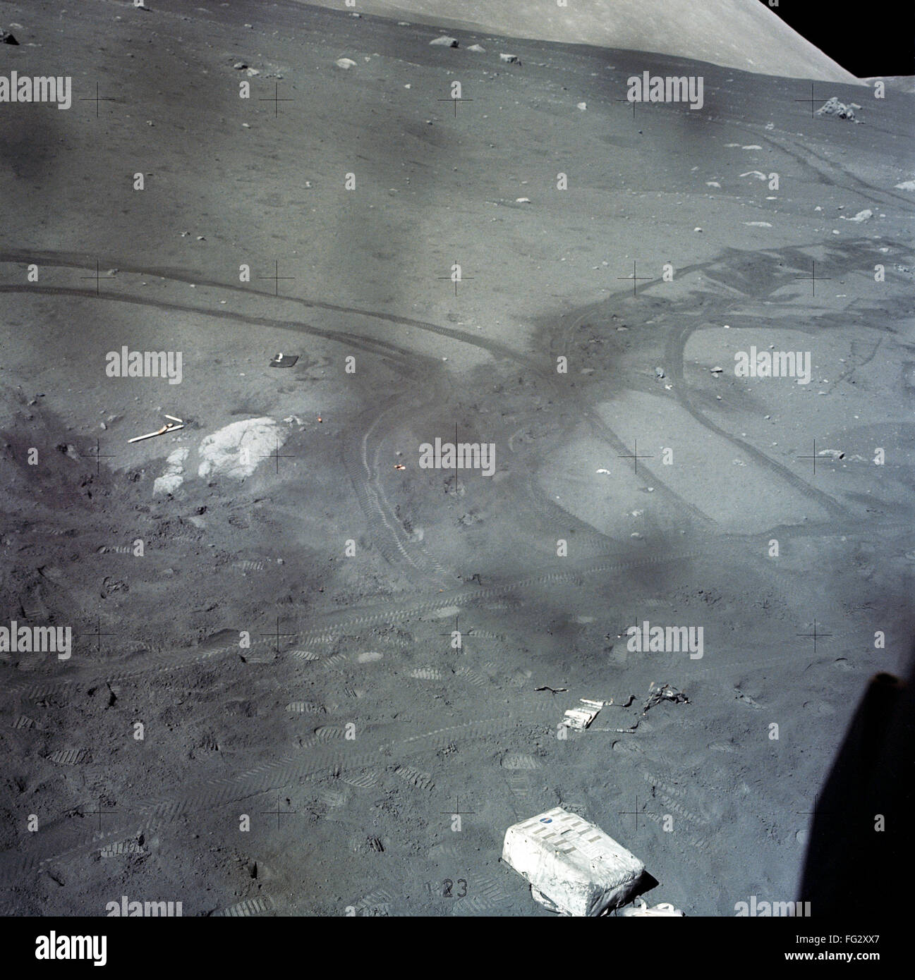 APOLLO 17: MOON, 1972. /nTracks from the Lunar Rover and boot prints on ...