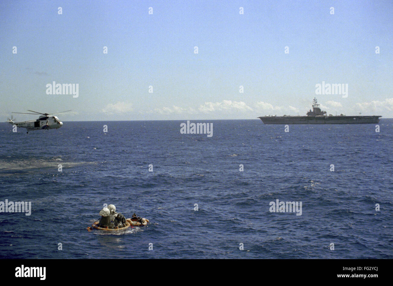 APOLLO 16: RECOVERY, 1972. /nThe recovery helicopter above the Apollo ...