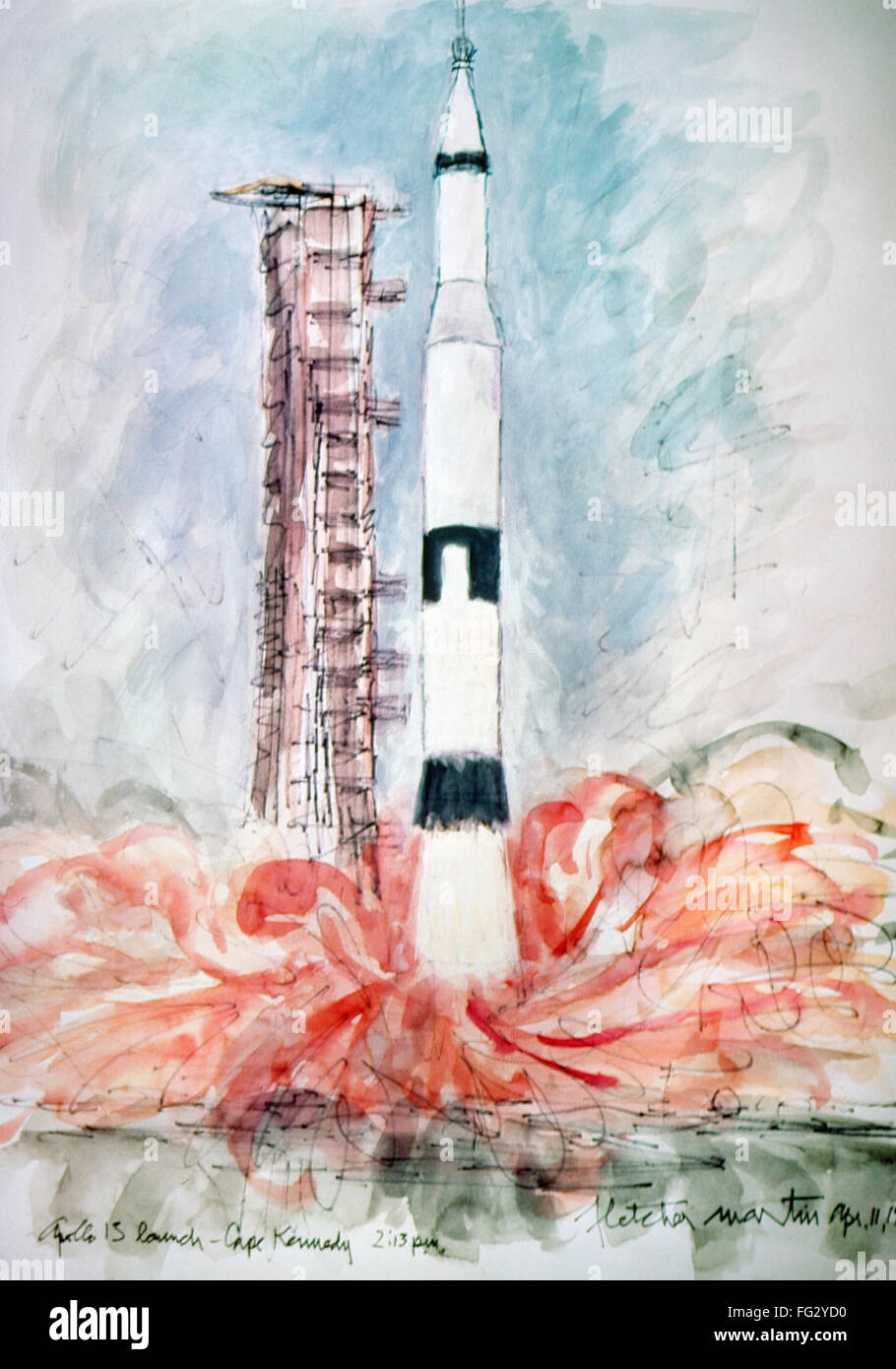 MARTIN: APOLLO 13, 1970. /nLaunch of the Apollo 13. Watercolor by ...