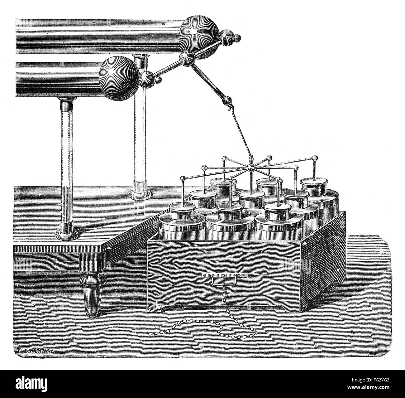 BATTERY, 18th CENTURY. /nElectric battery composed of nine Leyden jars ...